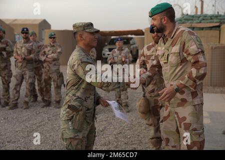 A Norwegian officer presents the Norwegian Ruck March pin and ...
