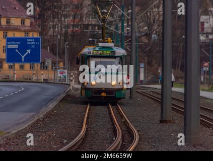 Tram way line in Liberec city in winter cloudy fresh evening Stock ...