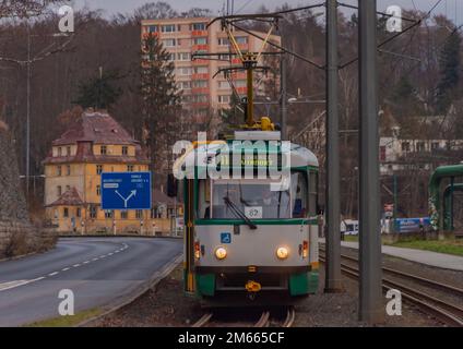 Tram way line in Liberec city in winter cloudy fresh evening Stock ...
