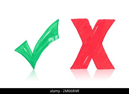 Check marks drawn by hand by means of color markers, isolated on white ...