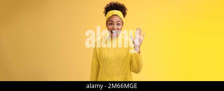 Friendly outgoing excited cute millennial female coworker newbie ...
