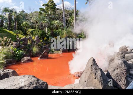 Red thermal pool Jigoku at Umijigoku in Beppu, Japan Stock Photo - Alamy