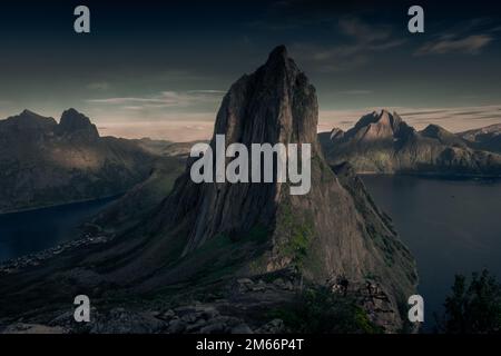 Epic dark landscape of Mount Segla viewed from Mount Hesten after ...