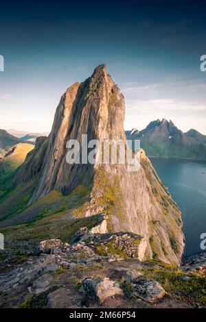 The epic Segla mountain viewed from Mount Hesten at sunset, Senja ...