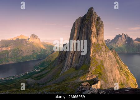 The epic Segla mountain viewed from Mount Hesten at sunset, Senja ...