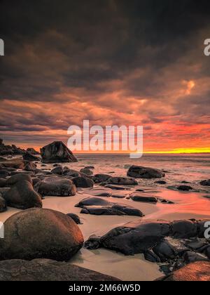 Amazing winter scenery on Uttakleiv beach at morning. Popular tourist ...