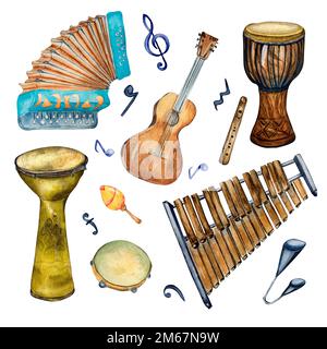 Set of variouse percussion musical instruments watercolor illustration ...