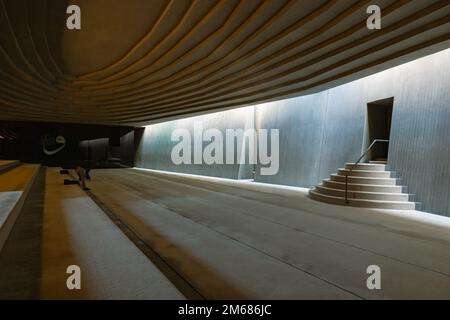 Interior of Sancaklar Mosque with mihrab and minbar. Modern mosque architecture. Istanbul ...