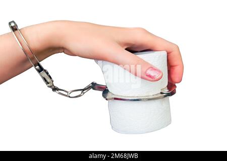 Female hand handcuffed to toilet paper, close-up. Concept of abdominal ...