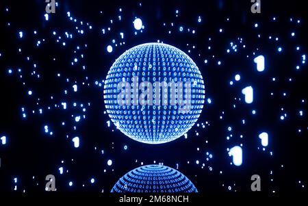 Binary code on a surface of a planet in the machine room, Global ...