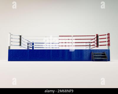 A modern oversized boxing ring with opposing blue and red corners on an ...