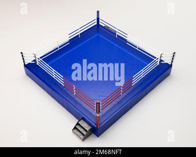 A modern oversized boxing ring with opposing blue and red corners on an ...