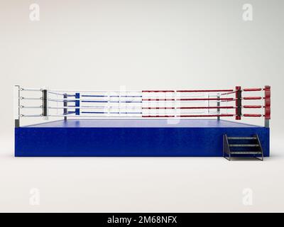 A modern oversized boxing ring with opposing blue and red corners on an ...