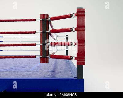 A modern oversized boxing ring with opposing blue and red corners on an ...