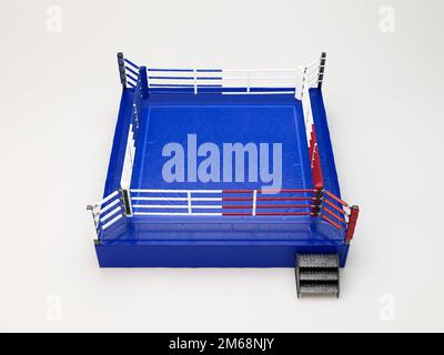 A modern regulation sized boxing ring with opposing blue and red ...