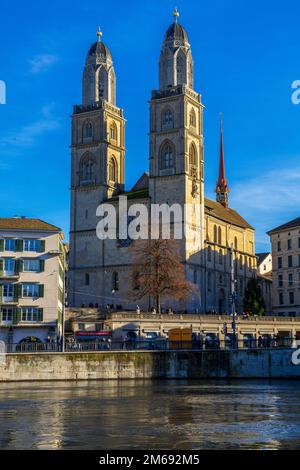 View of Grossmunster, a Romanesque-style Protestant church in Zurich ...
