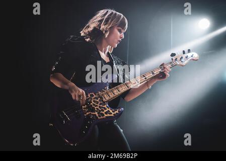 Victoria De Angelis of the Maneskin performing on stage during the ...