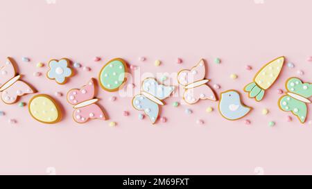 Easter butterfly gingerbread cookies with egg candies on pink ...