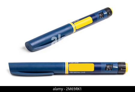 Insulin pen with needle tip isolated on white background. Medical ...