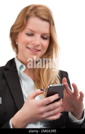 Junge blonde Frau business look mit smartphone Stock Photo - Alamy