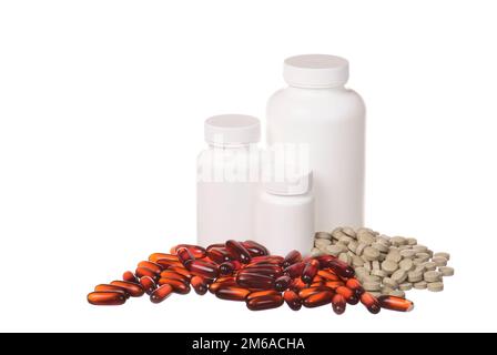Plastic containers for pills on white background, closeup Stock Photo ...