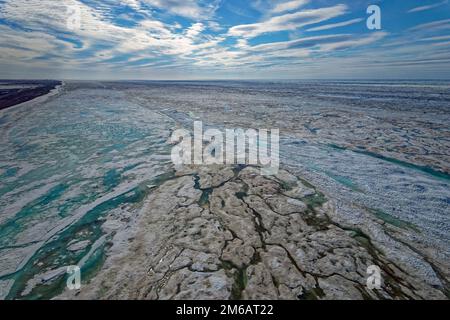 Drone footage, icy coast, ice break-up, Barrow, Strait to Point Barrow ...