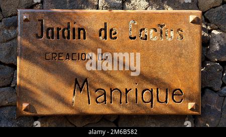 Entrance sign to Jardin de Cactus. Cultural site and tourist attraction ...