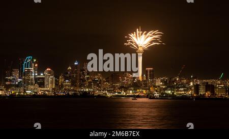A beautiful view of Auckland New Years Eve Fireworks on the Sky tower ...