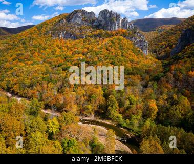 An aerial shot of Seneca Rocks in West Virginia with fall foliage Stock ...