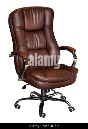 Brown leather office chair isolated on white Stock Photo - Alamy