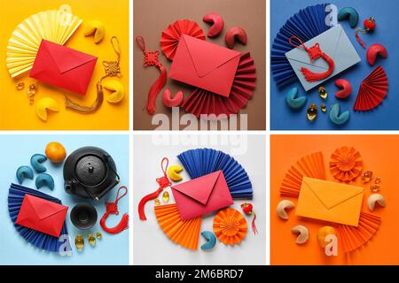 Collage of traditional fortune cookies, envelopes and Chinese New Year ...