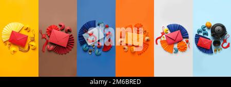 Collage of traditional fortune cookies, envelopes and Chinese New Year ...