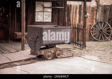 Metal mining cart for silver transportation in Calico, ghost town, USA ...