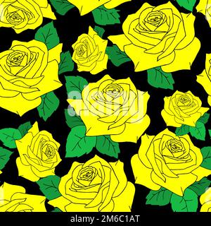 seamless pattern of large yellow rose flowers on a blue background ...