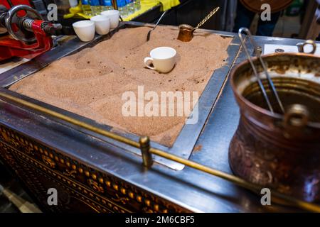 Turkish coffee cooked in sand, Turkish Coffee preparation by street ...