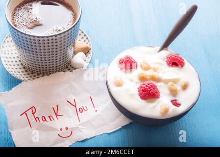 Healthy breakfast and thank you note Stock Photo - Alamy