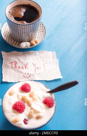 Healthy breakfast and thank you note Stock Photo - Alamy