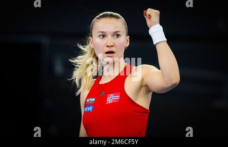 Malene Helgo of Norway in action against Martina Trevisan of Italy ...