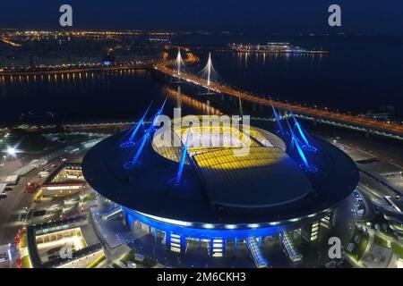 Stadium Zenith Arena at night. Illuminated by multi-colored lights the ...