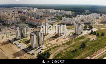 A new recently built neighborhood of apartment buildings. Drone video ...