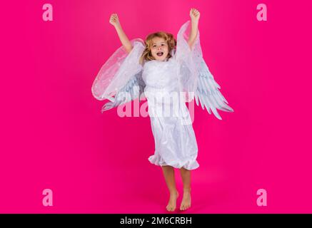 Excited angel child jump, kids jumping, full body in movement. Banner ...