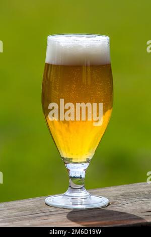 beer pouring into glass on sunny table, top view Stock Photo - Alamy