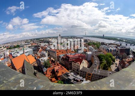 Fisheye aerial view of Riga city from st. Peter's church in Latvia ...