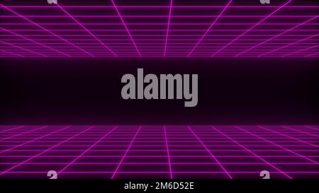 3D render synthwave wireframe net abstract background. Future retro ...