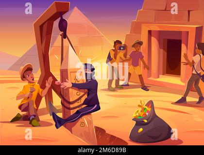 Egypt landscape with old pyramid, excavation site and tourists. African ...