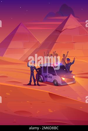 Policeman catch thief in desert in Egypt. African sand desert landscape ...
