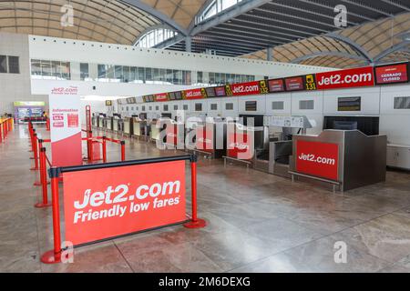 Jet2.com airline check in desk seen at London Stansted Airport Stock ...