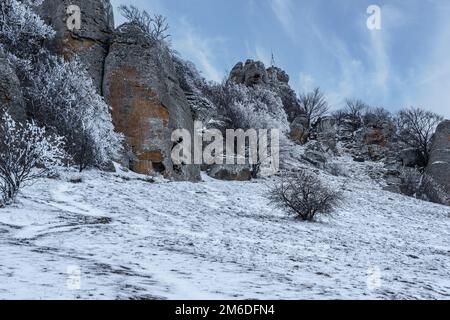 Mount Alenga near Southern Demerdzhi in snow and ice in early spring ...