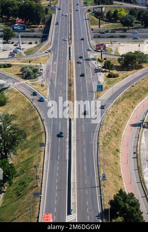 Aerial view, inner city highway Donetsk-ring waterway, bridge, highway ...
