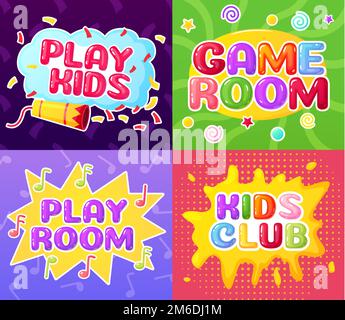 Kids club, game room and play zone cartoon posters of vector child ...